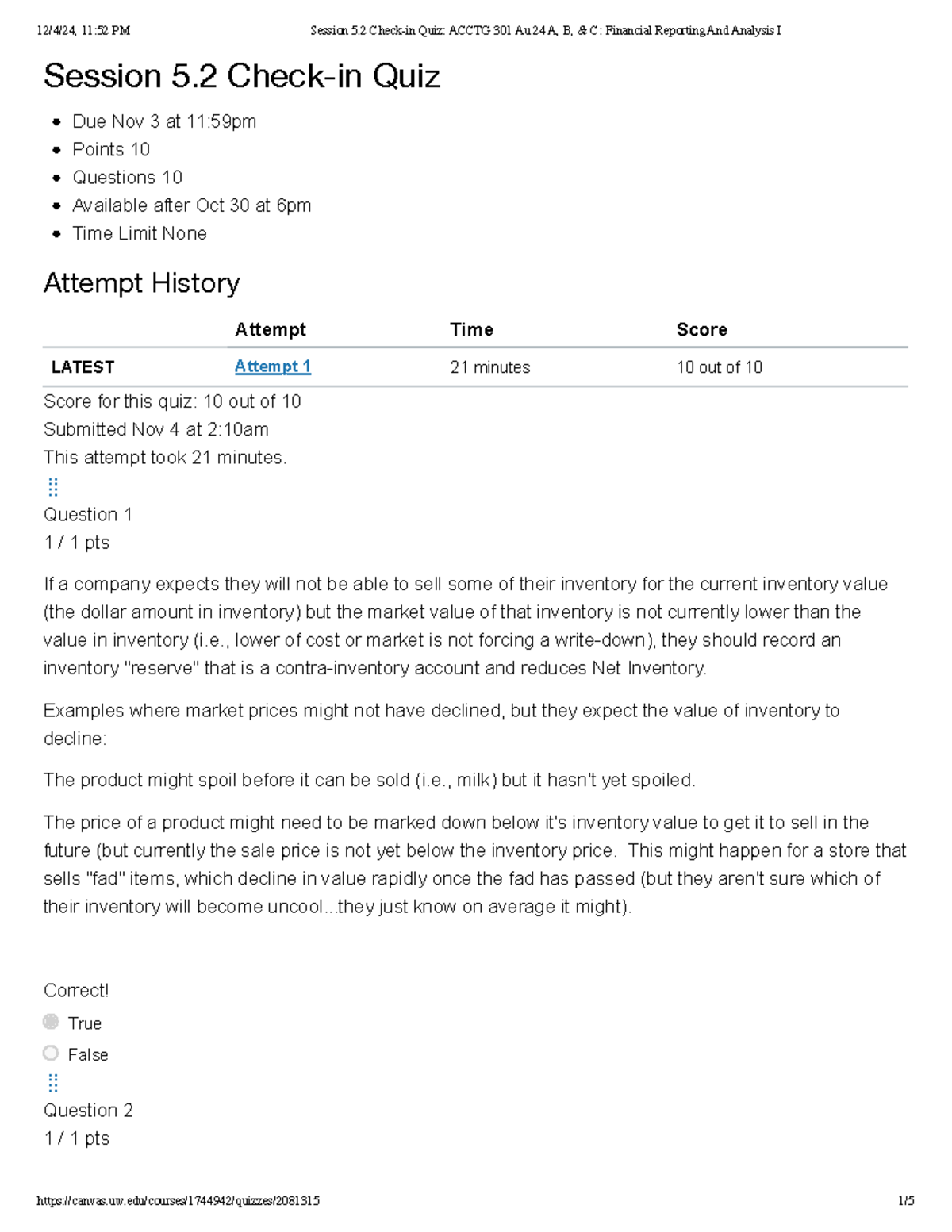 Session 5.2 Check-in Quiz Acctg 301 Au 24 A, B, & C Financial Reporting ...