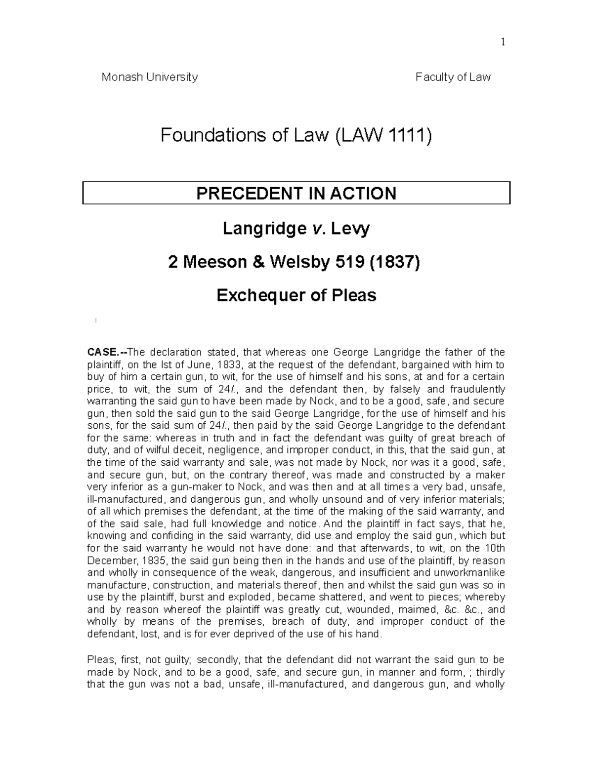 Precedent in Action - Manufacturers Liability cases - law1111 - Monash ...