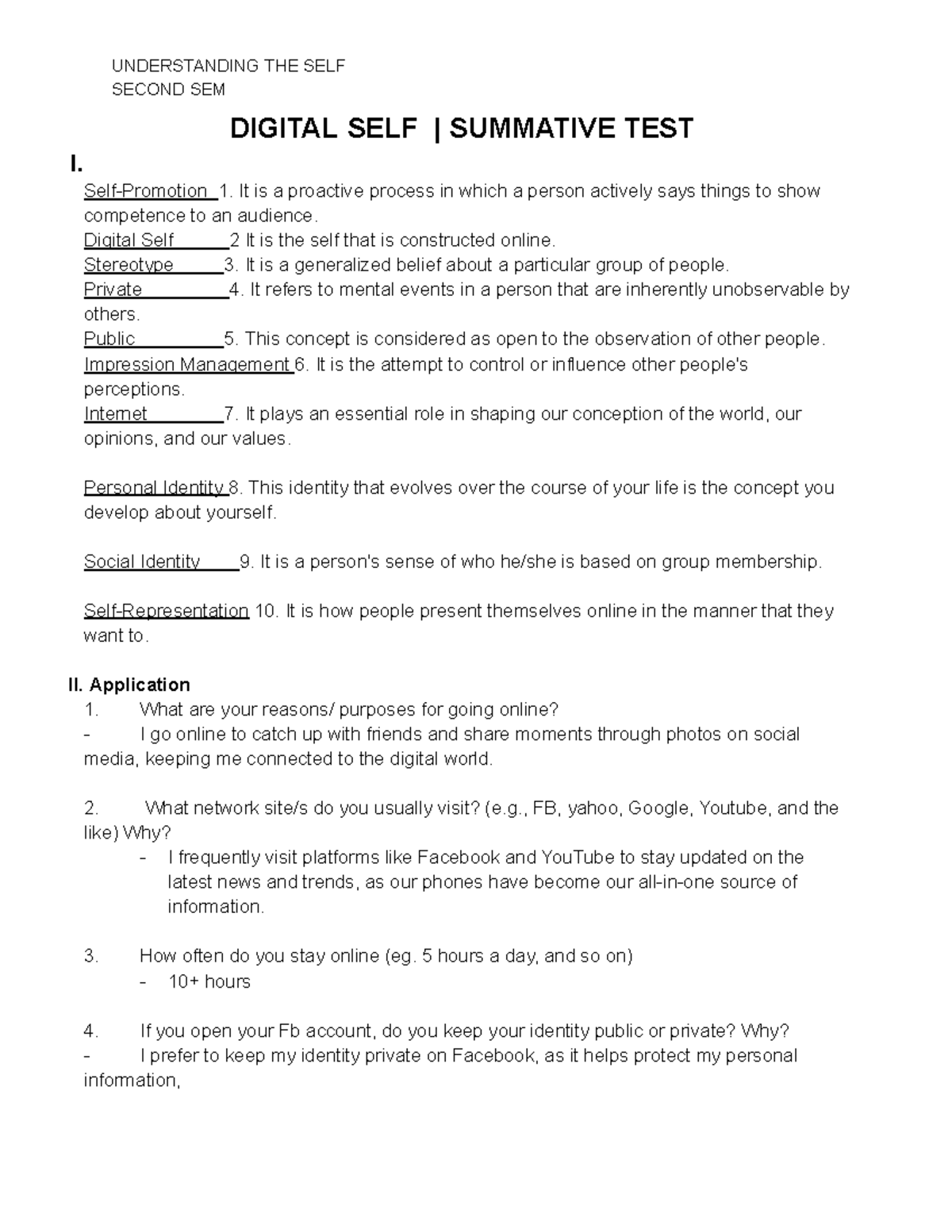 Digital SELF Summative TEST - UNDERSTANDING THE SELF SECOND SEM DIGITAL ...
