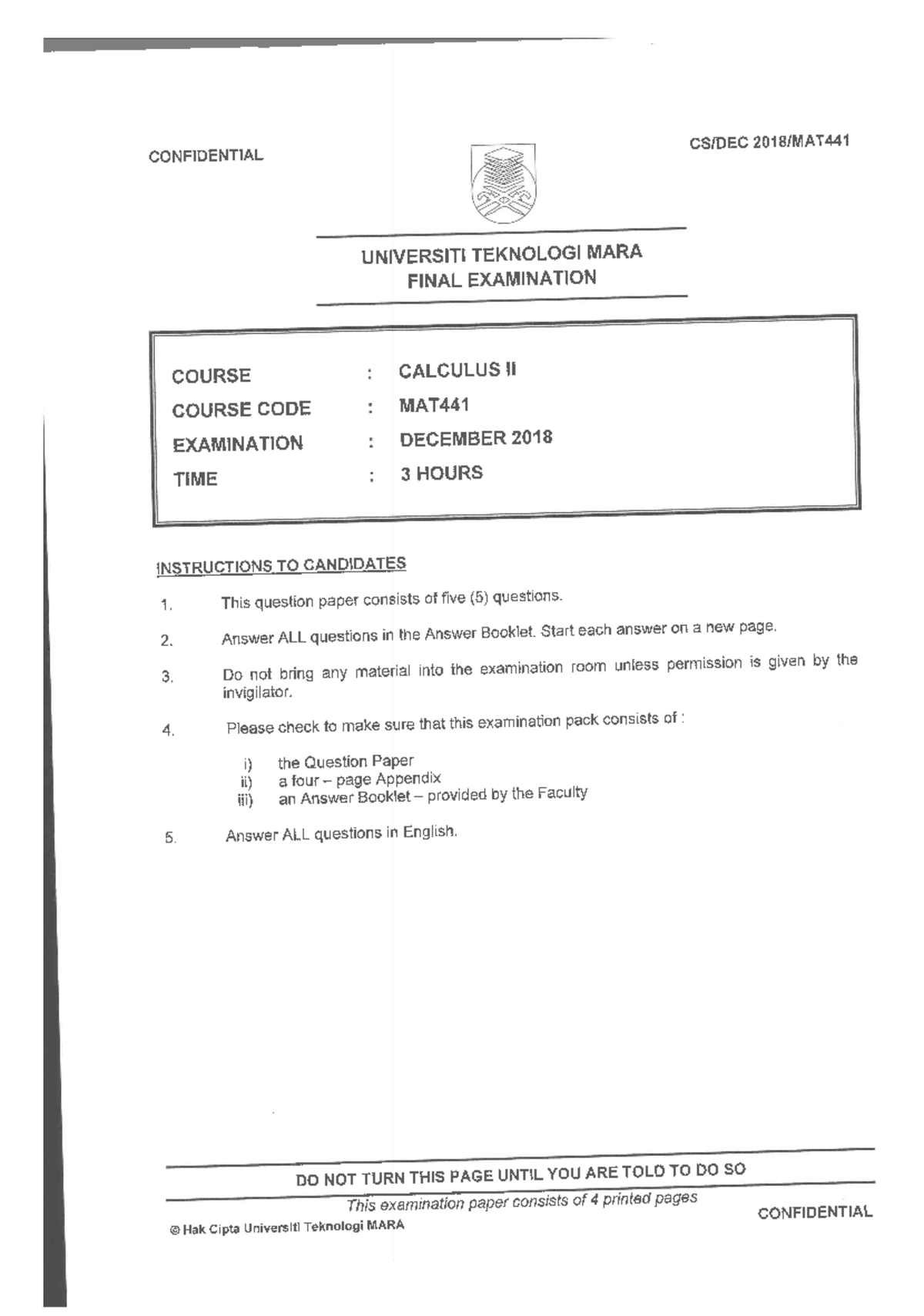 Faculty Computer Sciences AND Mathematic 2019 Session 1 - Degree MAT441 - Calculus II - Studocu