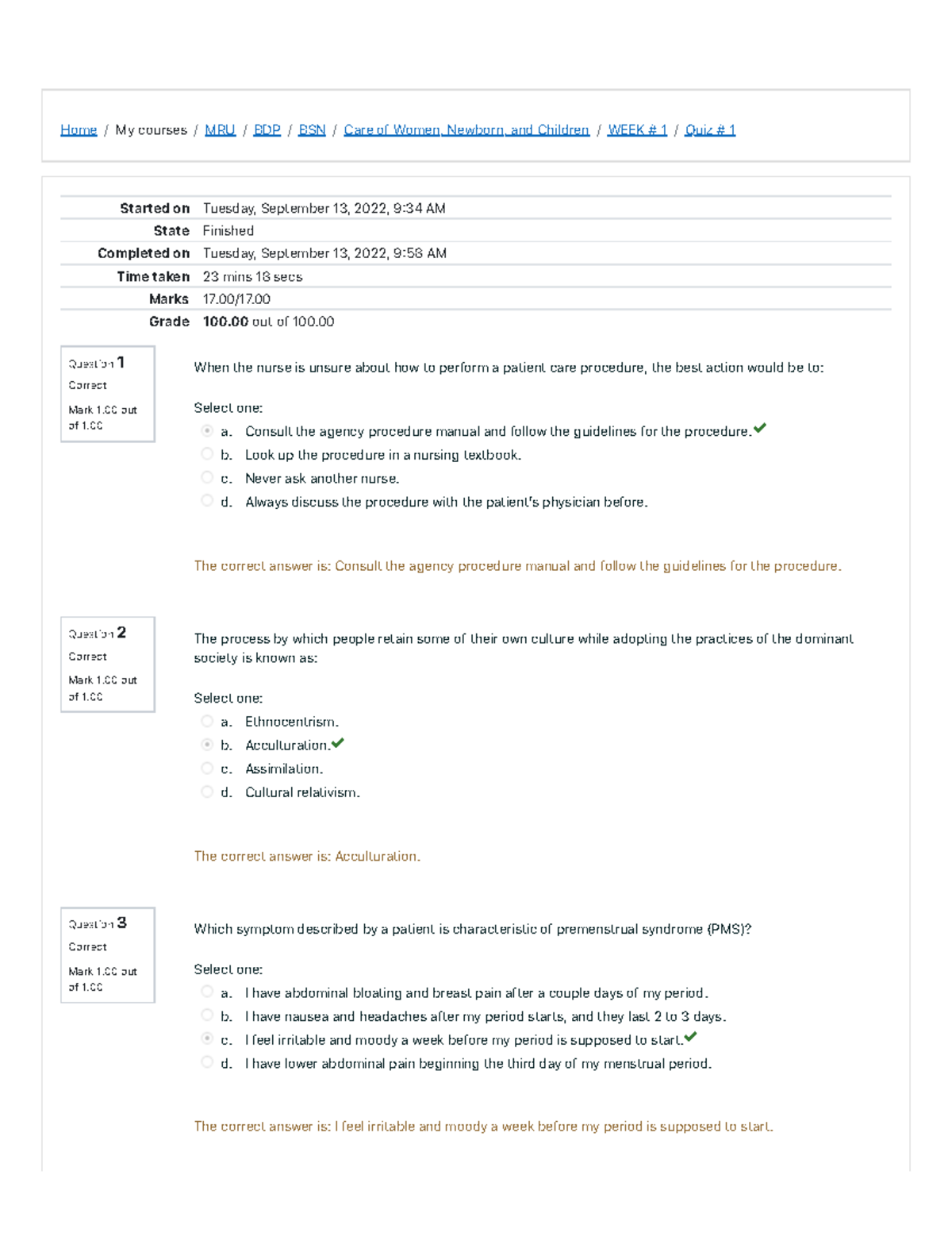 Quiz # 1 Maternity - Home / My courses / MRU / BDP / BSN / Care of ...