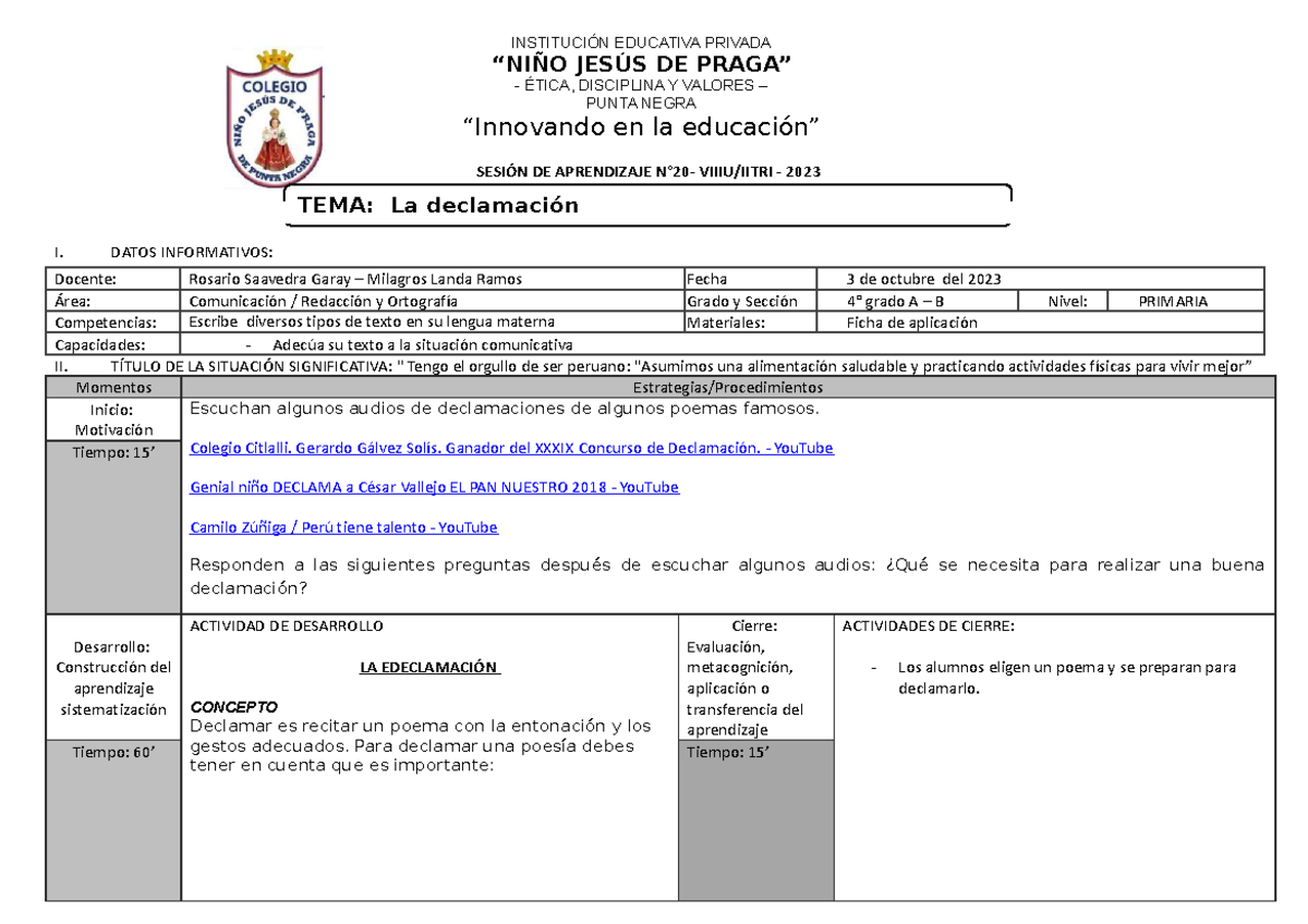 Sesion 20 la declamación - SESIÓN DE APRENDIZAJE N°20- VIIIU/IITRI ...