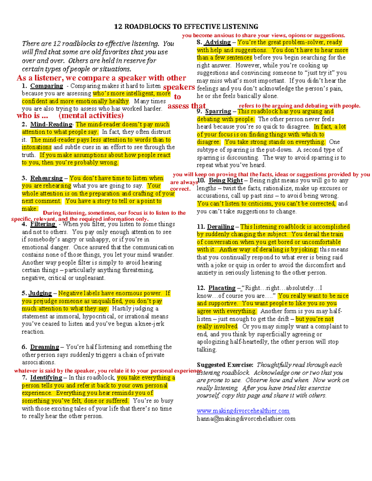 12 Blocks of Listening - 12 ROADBLOCKS TO EFFECTIVE LISTENING There are ...