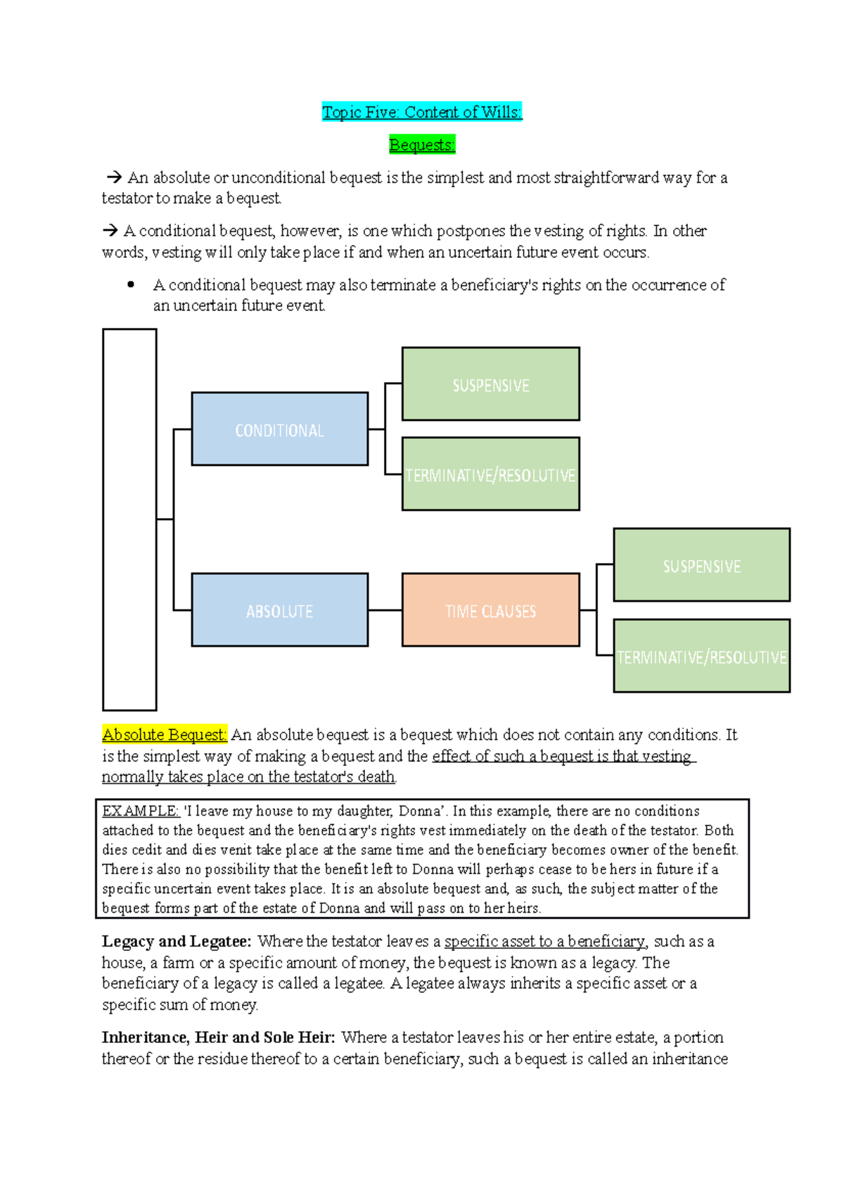 Topic Five, Content of Wills - A conditional bequest, however, is one ...