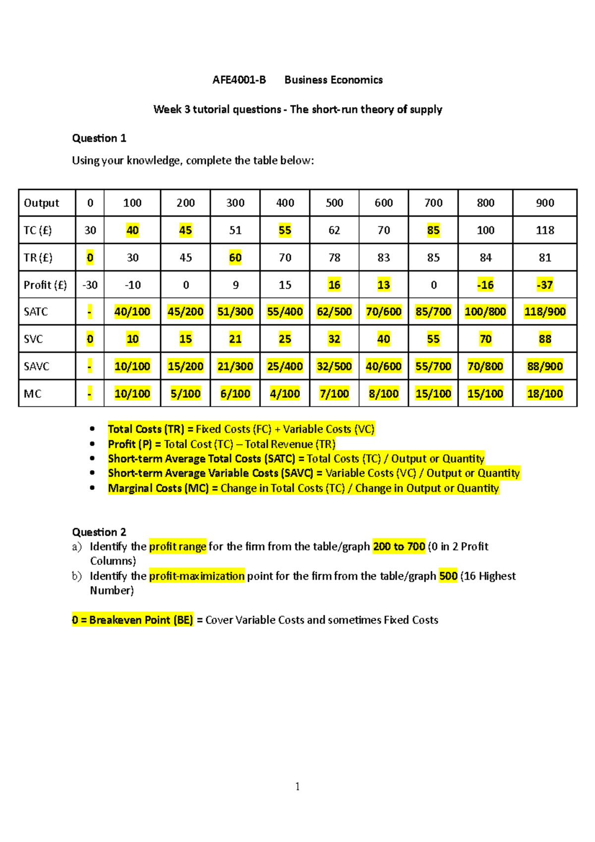 Business Economics Tutorial 3 - AFE4001-B Business Economics Week 3 tutorial questions - The ...