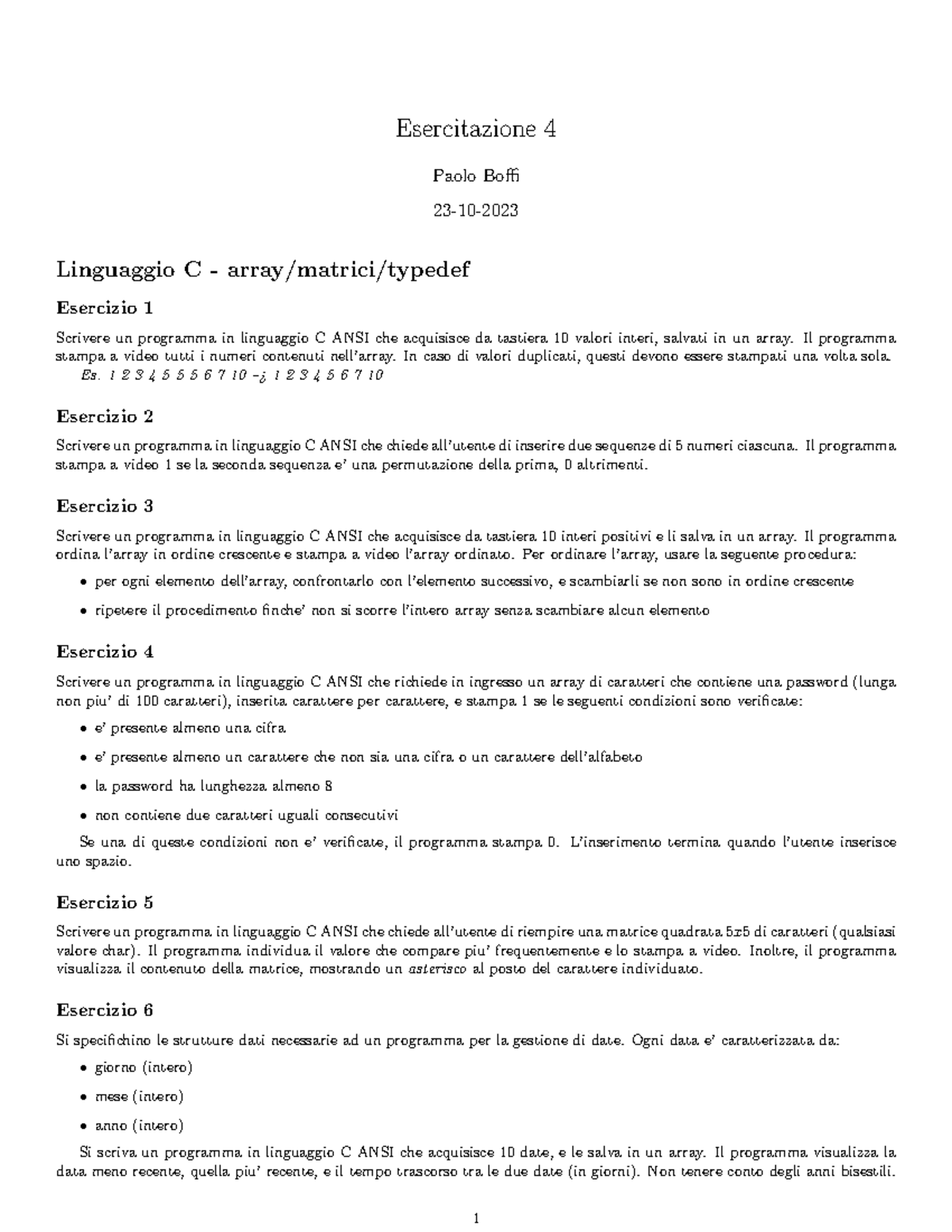 Esercizi linguaggio C 23-10-23 - Esercitazione 4 Paolo Boffi 23-10 ...