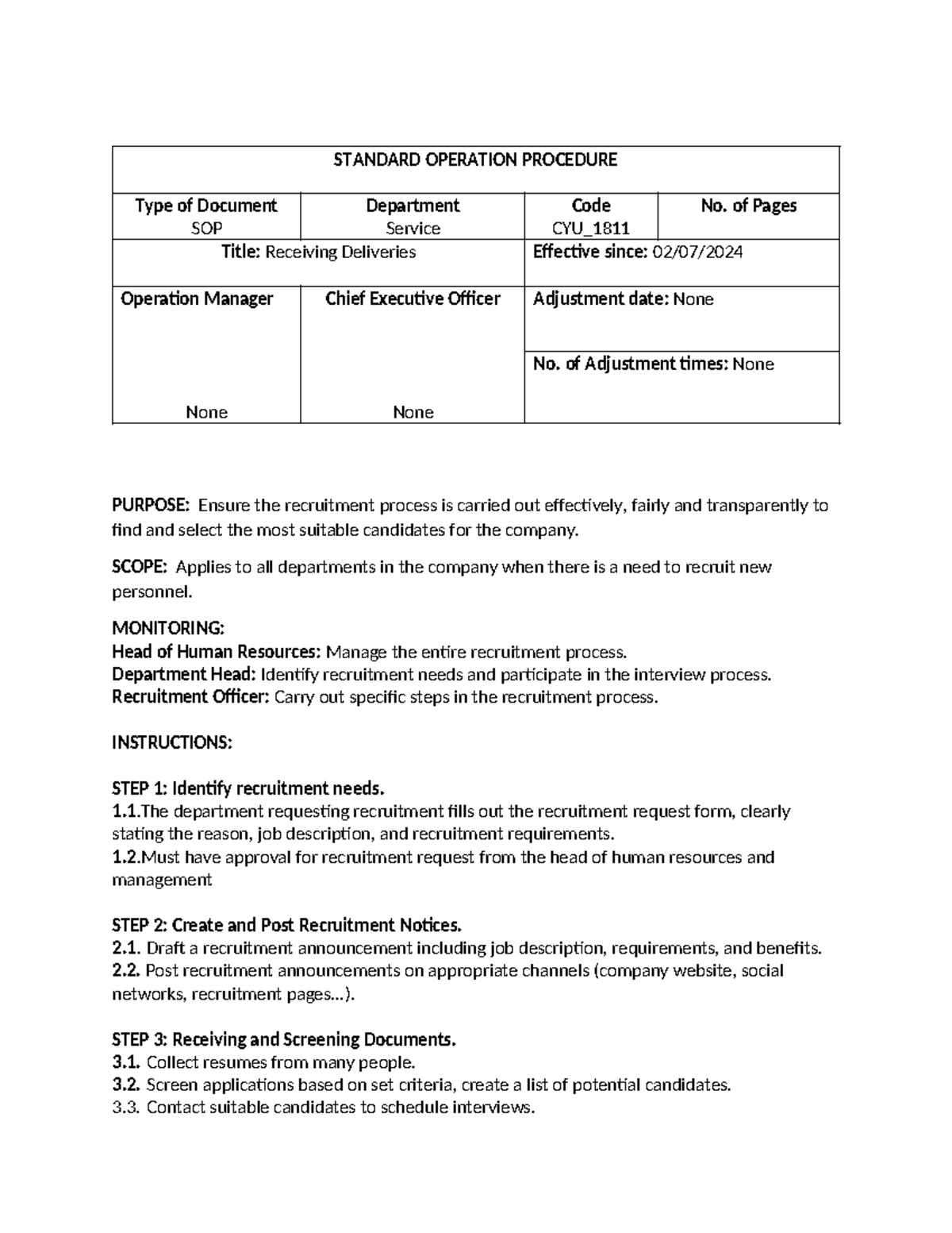 Receiving Goods SOP Group A - STANDARD OPERATION PROCEDURE Type of ...