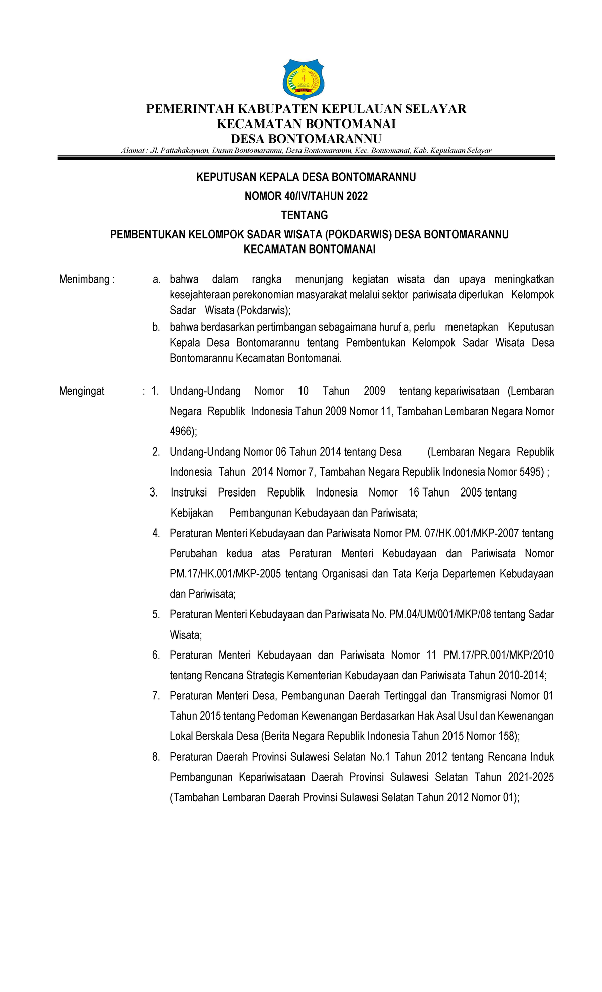 SK Pokdarwis - PEMERINTAH KABUPATEN KEPULAUAN SELAYAR KECAMATAN ...