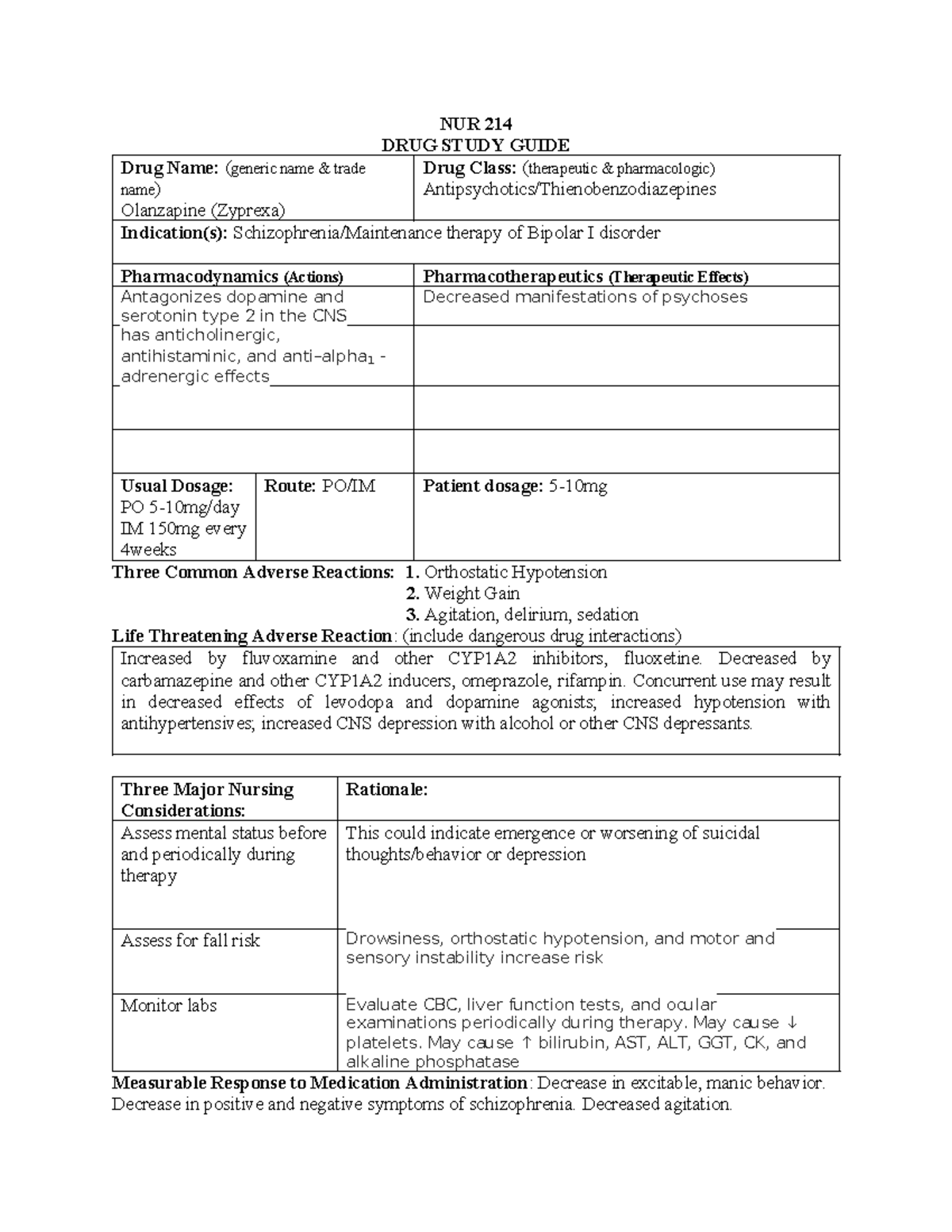 Olanzapine - Med card - NUR 214 DRUG STUDY GUIDE Drug Name: (generic ...