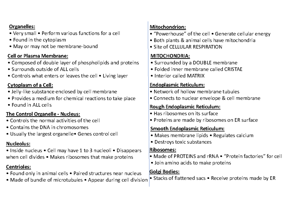CELL Organelles - Only questions for exams - Organelles: Very small ...