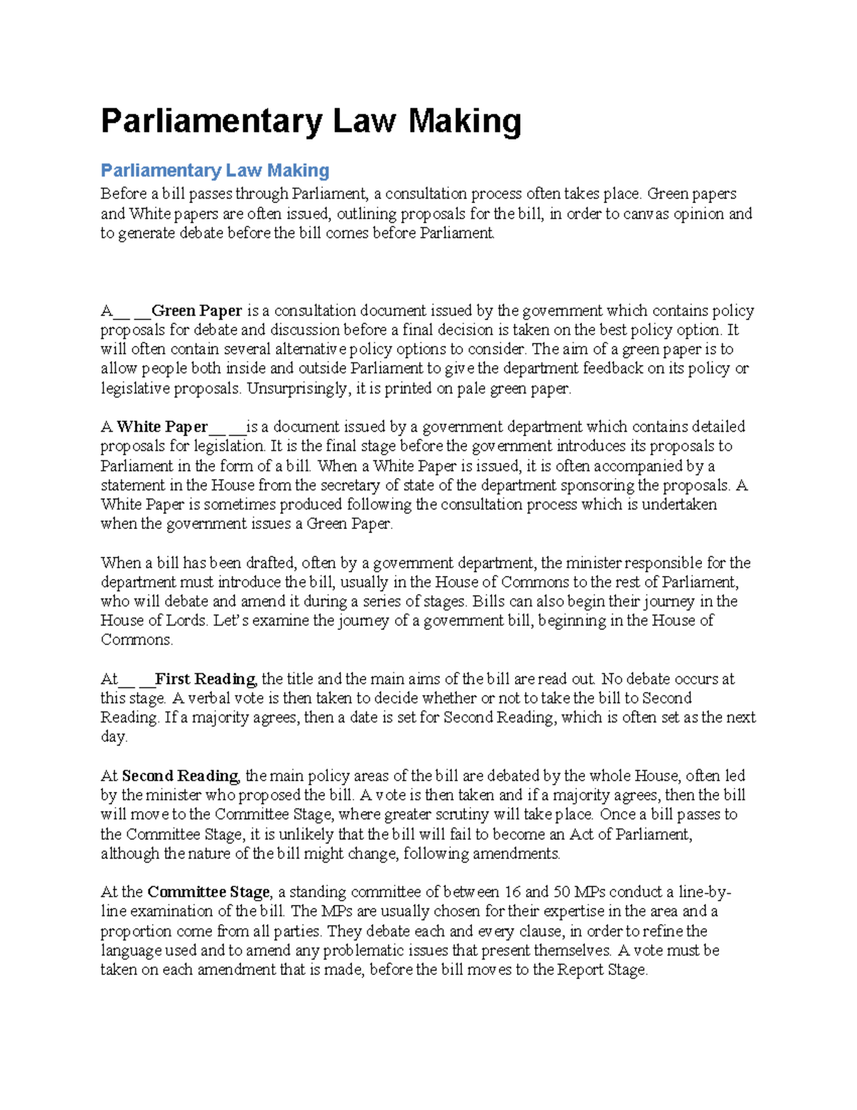 Parliamentary Law Making - Parliamentary Law Making Parliamentary Law ...