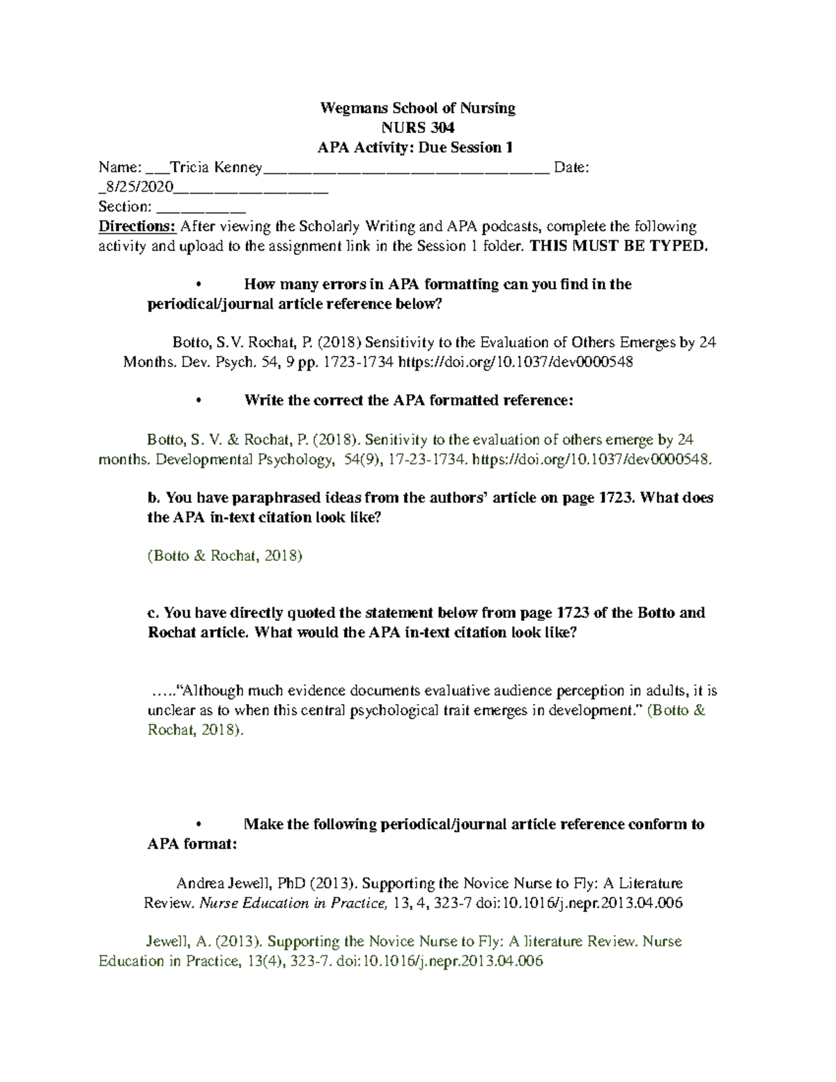 Apa activity NURS 304 - notes - Wegmans School of Nursing NURS 304 APA ...