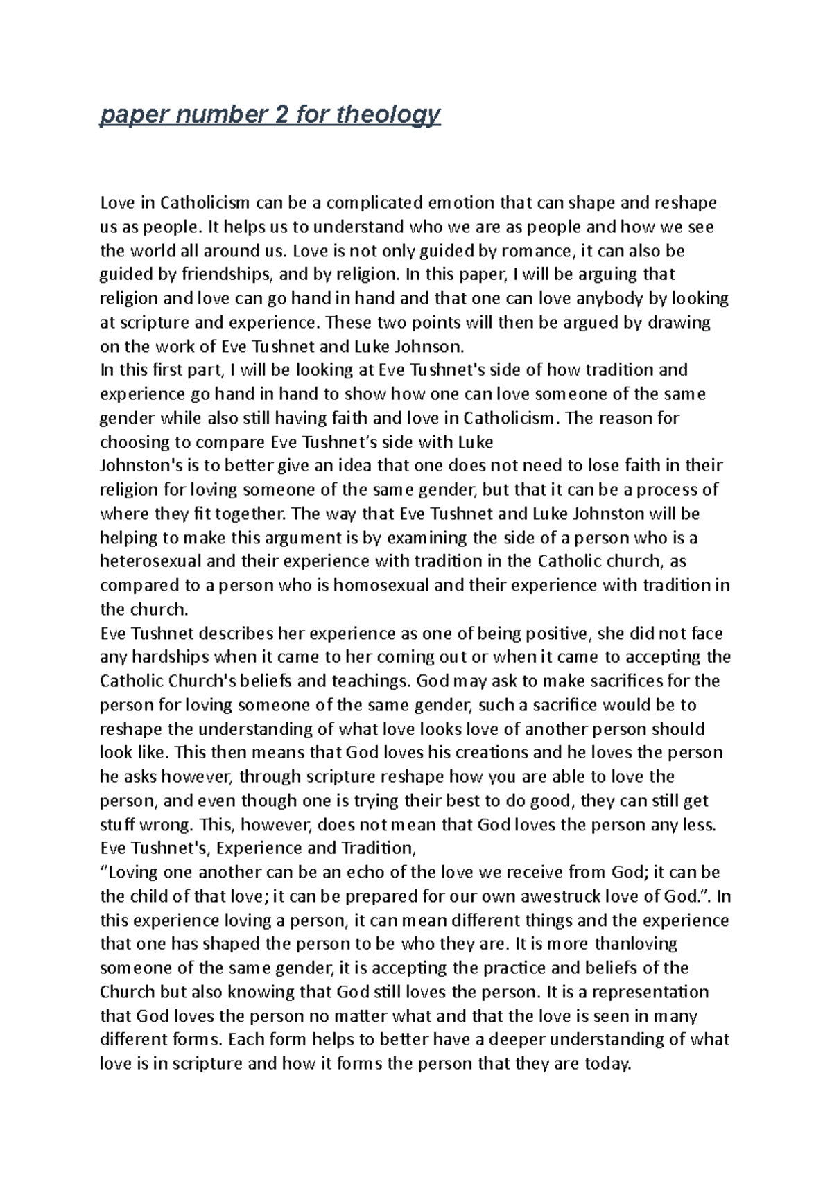 Paper number 2 for theology Notes - paper number 2 for theology Love in ...