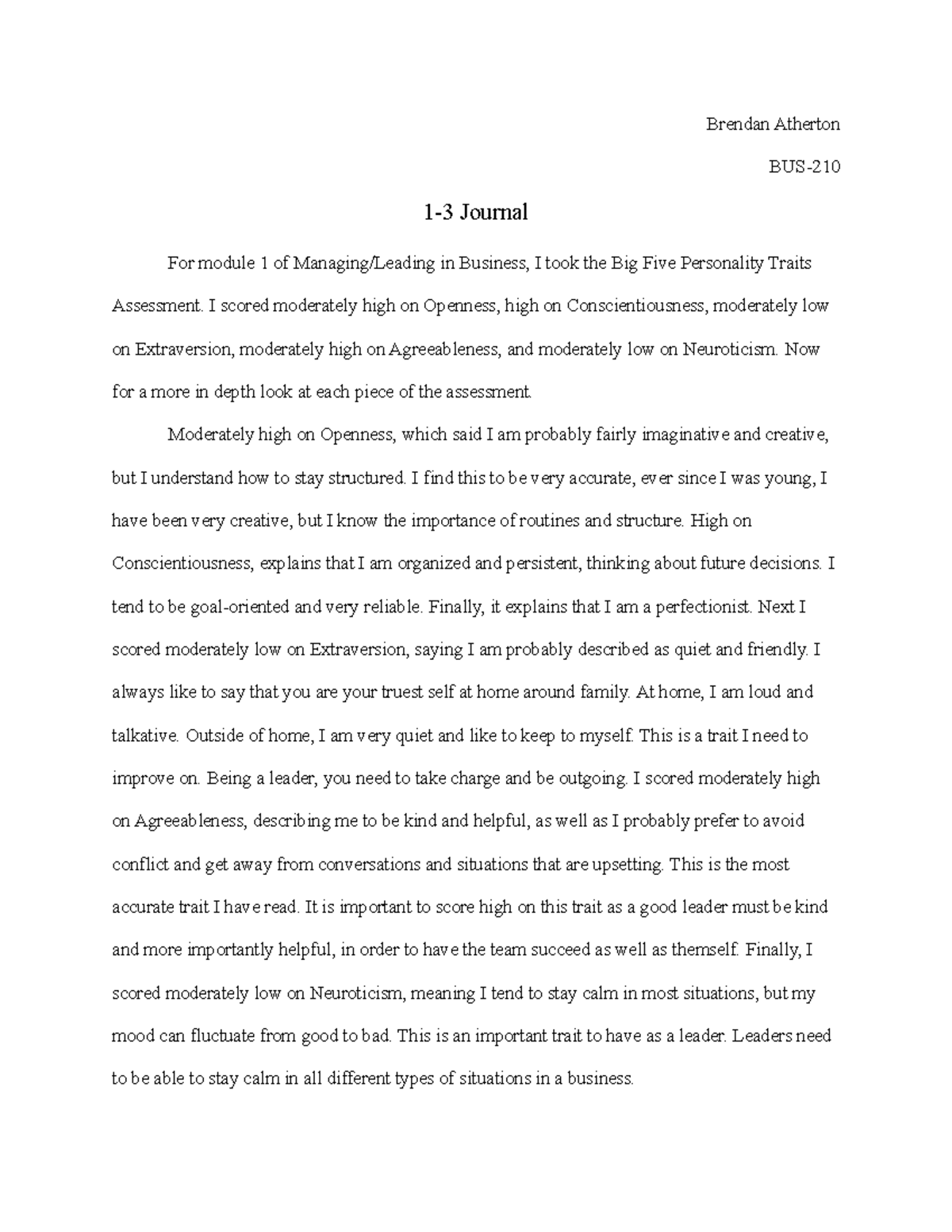 1-3 Journal Leadership Assesment and Reflection-2 - Brendan Atherton ...