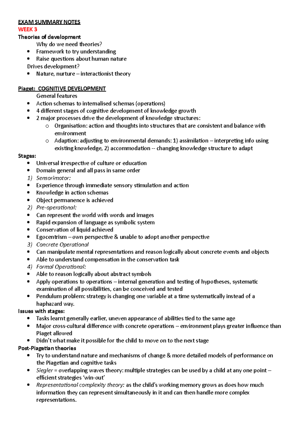 Lecture Summaries Week 3 11 Exam Summary Notes Week 3 Theories Of Development Why Do We Need