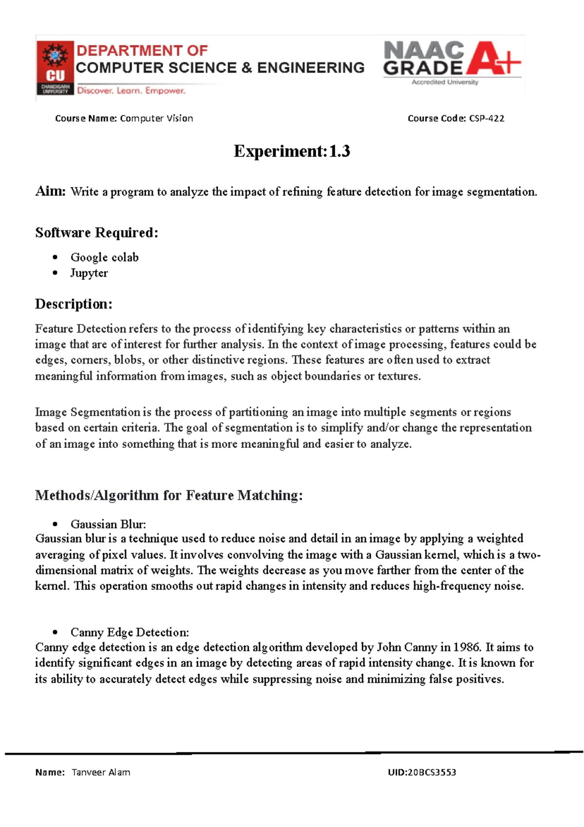 Tanveer CV-1 - lab experiment - Course Name: Computer Vision Course Code: CSP- Name: Tanveer ...