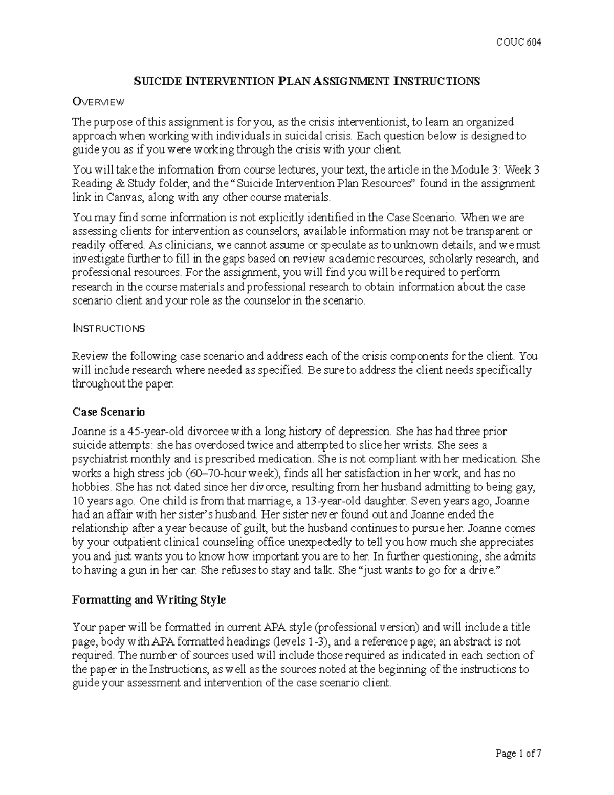 Suicide Intervention Plan Assignment Instructions - SUICIDE INTERVENTION PLAN ASSIGNMENT - Studocu
