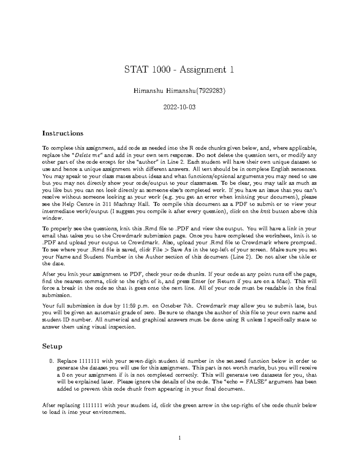 Solution STAT-1000-Assignment-1 - STAT 1000 - Assignment 1 Himanshu ...
