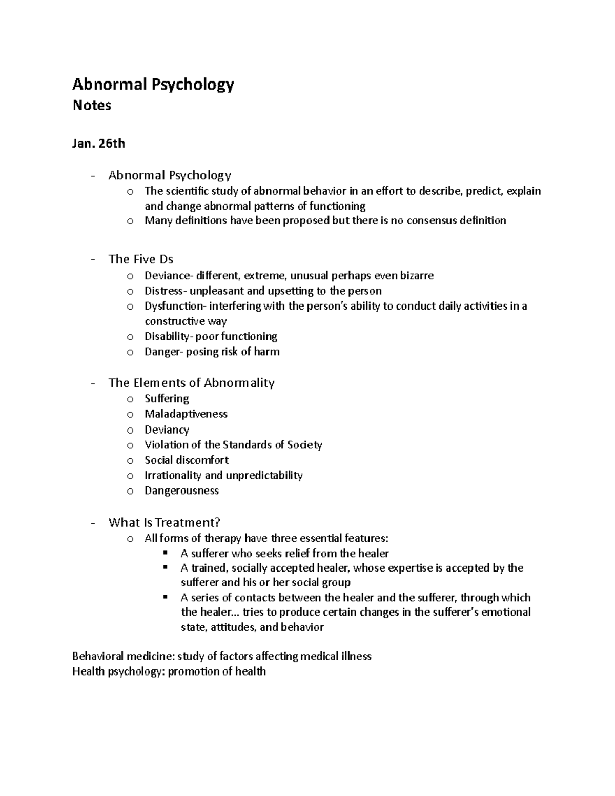 Notes abnormal psych - Abnormal Psychology Notes Jan. 26th Abnormal ...