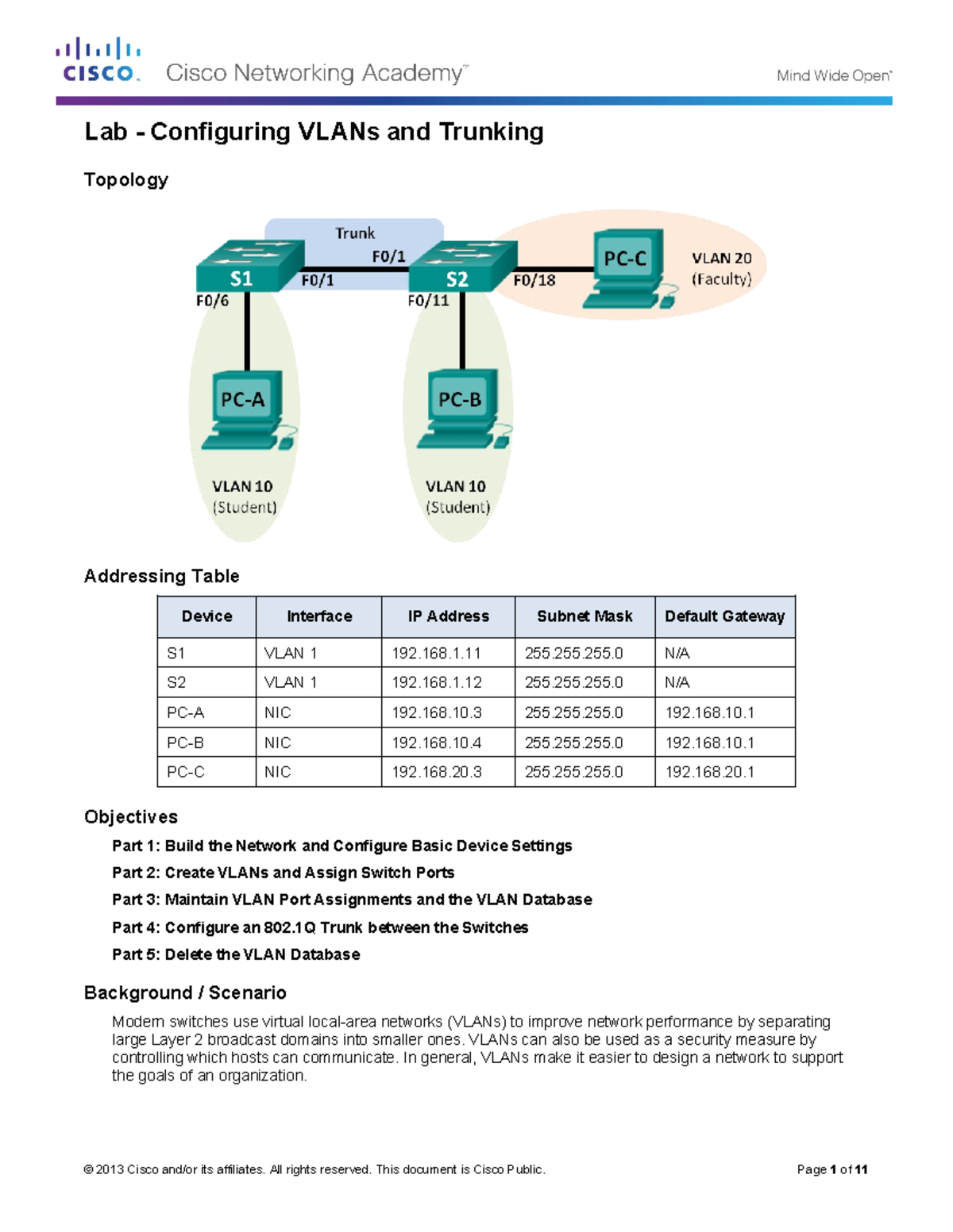 3.2.2.5 Lab - Configuring VLANs and Trunking - Topology Addressing Table Device Interface IP ...