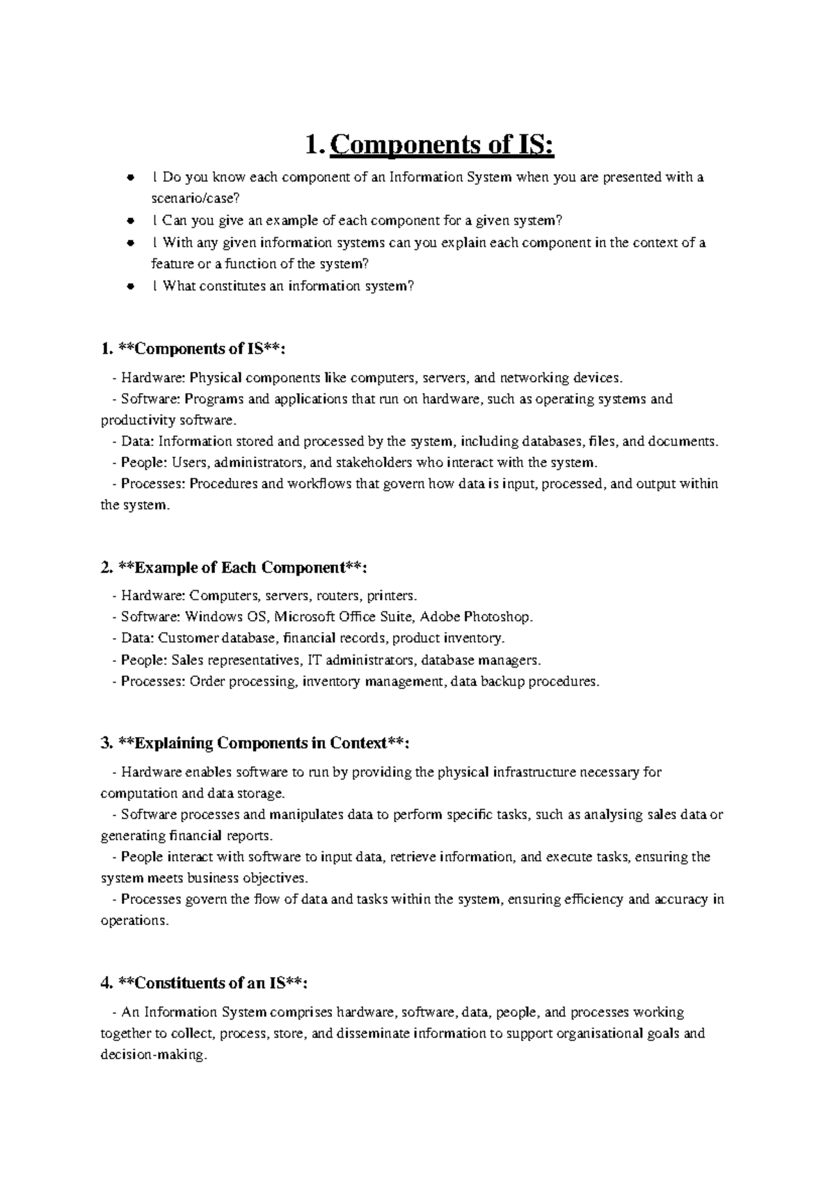 220 Exam prep 24 - 1. Components of IS: 1 Do you know each component of ...