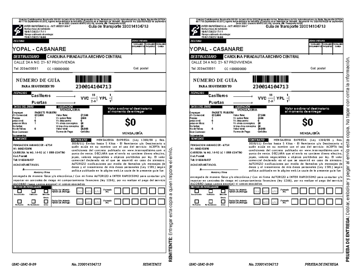Clientes Credito - Interrapidisimo - GMC-GMC-R-09 No. 230014104713 ...