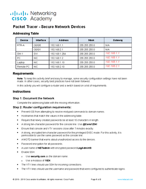 11.10.1 Packet Tracer – Design and Implement a VLSM Addressing Scheme Answers - 10:16 PM 11.10 ...