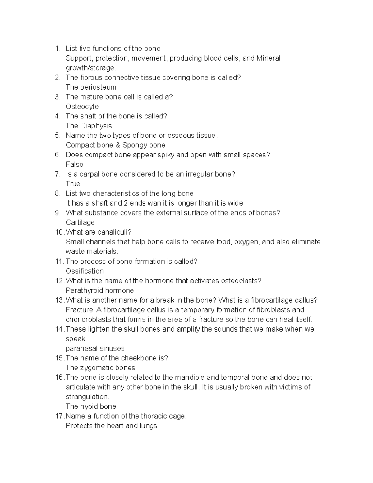 Chapter 5 Skeletal System Worksheet - List five functions of the bone ...