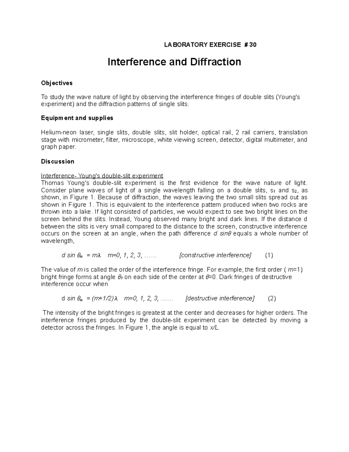 Interference and diffraction with data sheet - LABORATORY EXERCISE # 30 Interference and ...