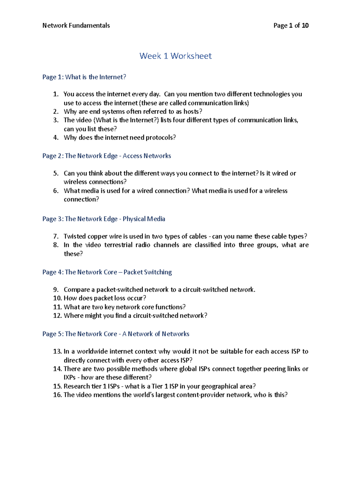 Week 1 Worksheet - concept checking - Week 1 Worksheet Page 1: What is ...