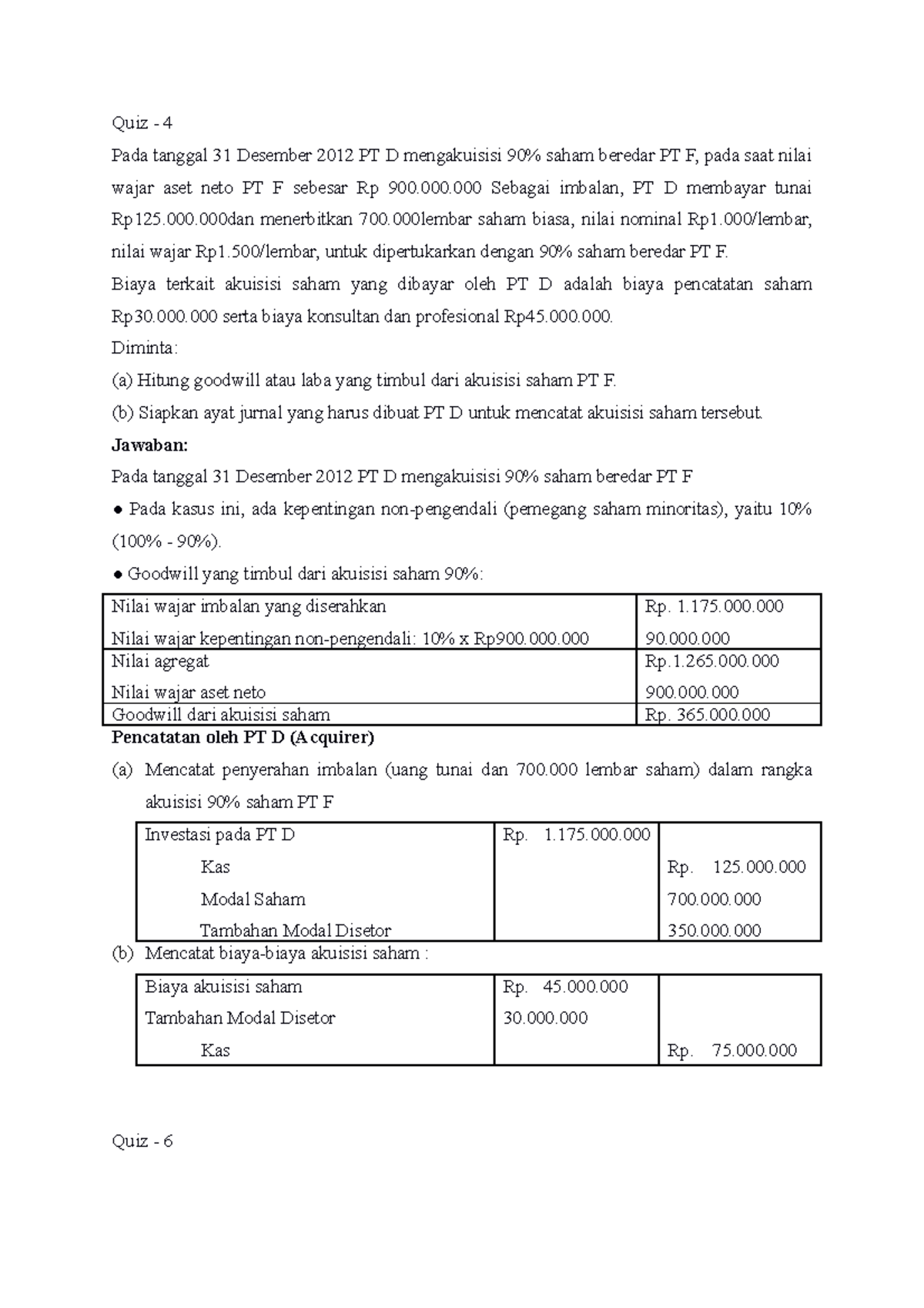 Soal Jawab AKL 1 Student Quiz 4 Pada Tanggal 31 Desember 2012 PT