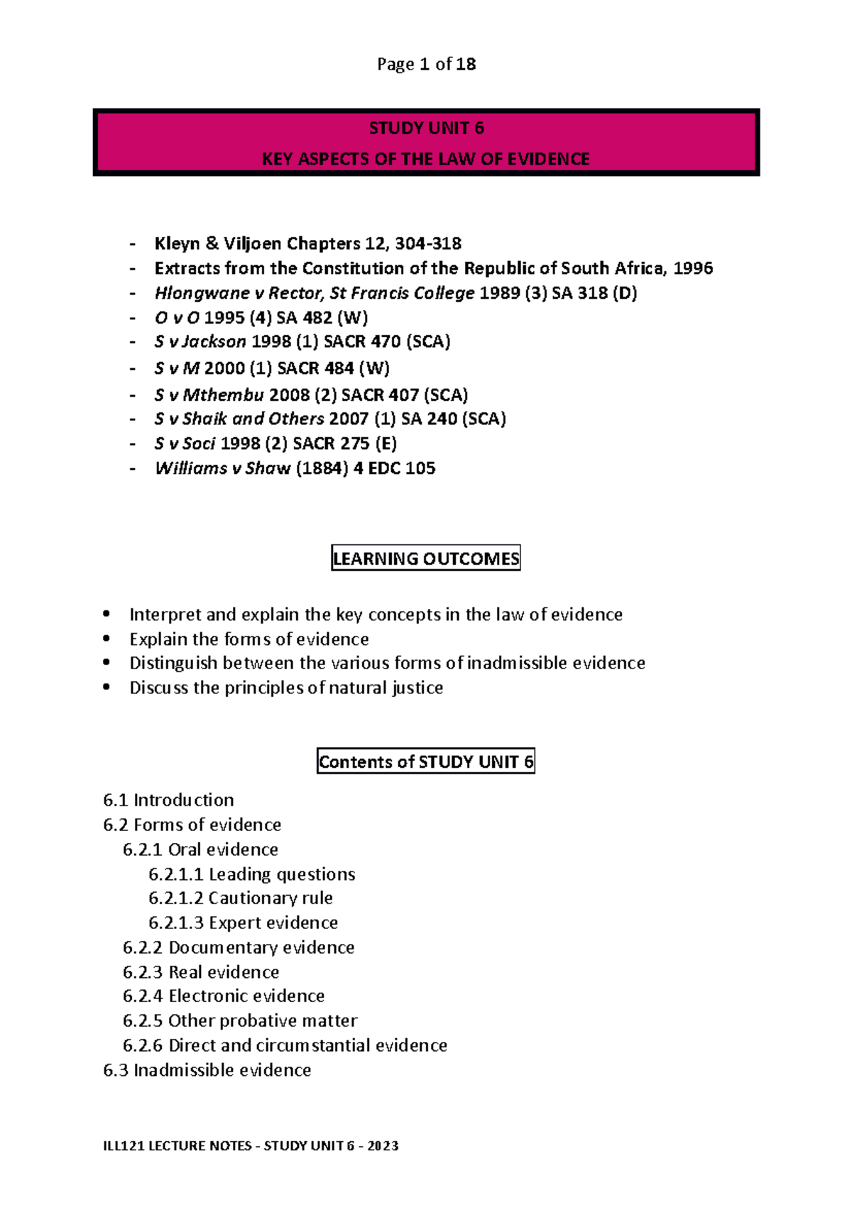 ILL121 Lecture Notes - Study UNIT 6 - 2023 - STUDY UNIT 6 KEY ASPECTS ...