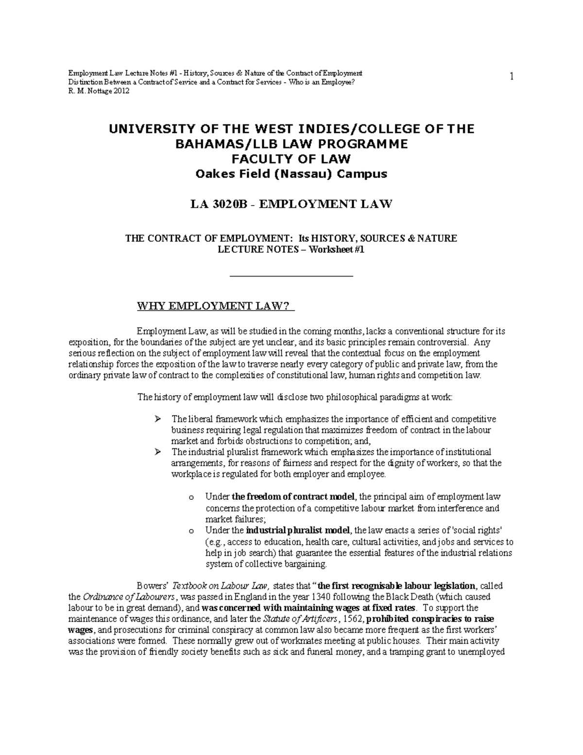 What is Employment Law - UWI Worksheet - Distinction Between a Contract ...