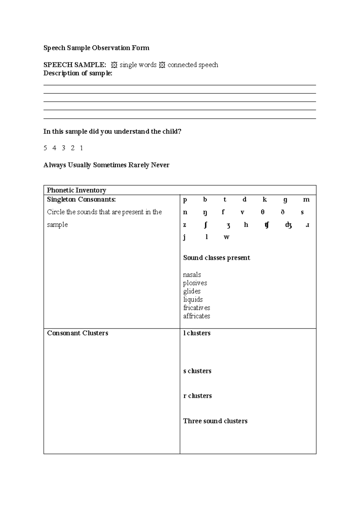 Speech Sample Observation Form - Speech Sample Observation Form SPEECH ...