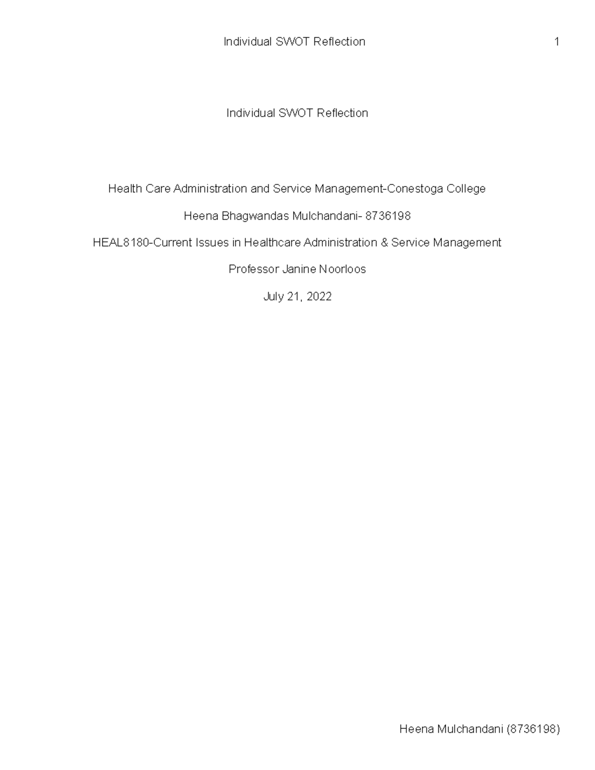 Individual SWOT REflection Assignment - Individual SWOT Reflection ...