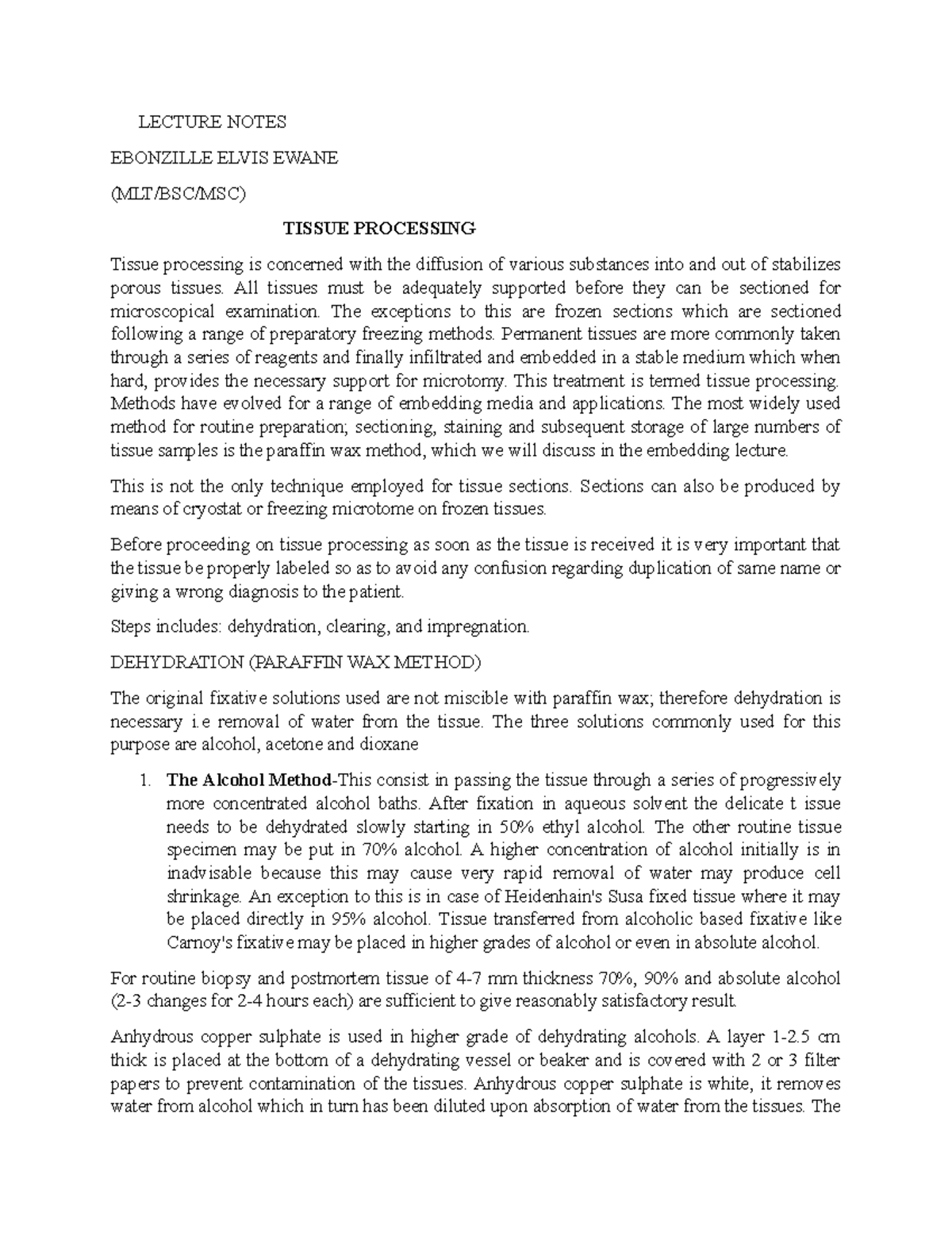 Tissue Processing 242 - LECTURE NOTES EBONZILLE ELVIS EWANE (MLT/BSC ...