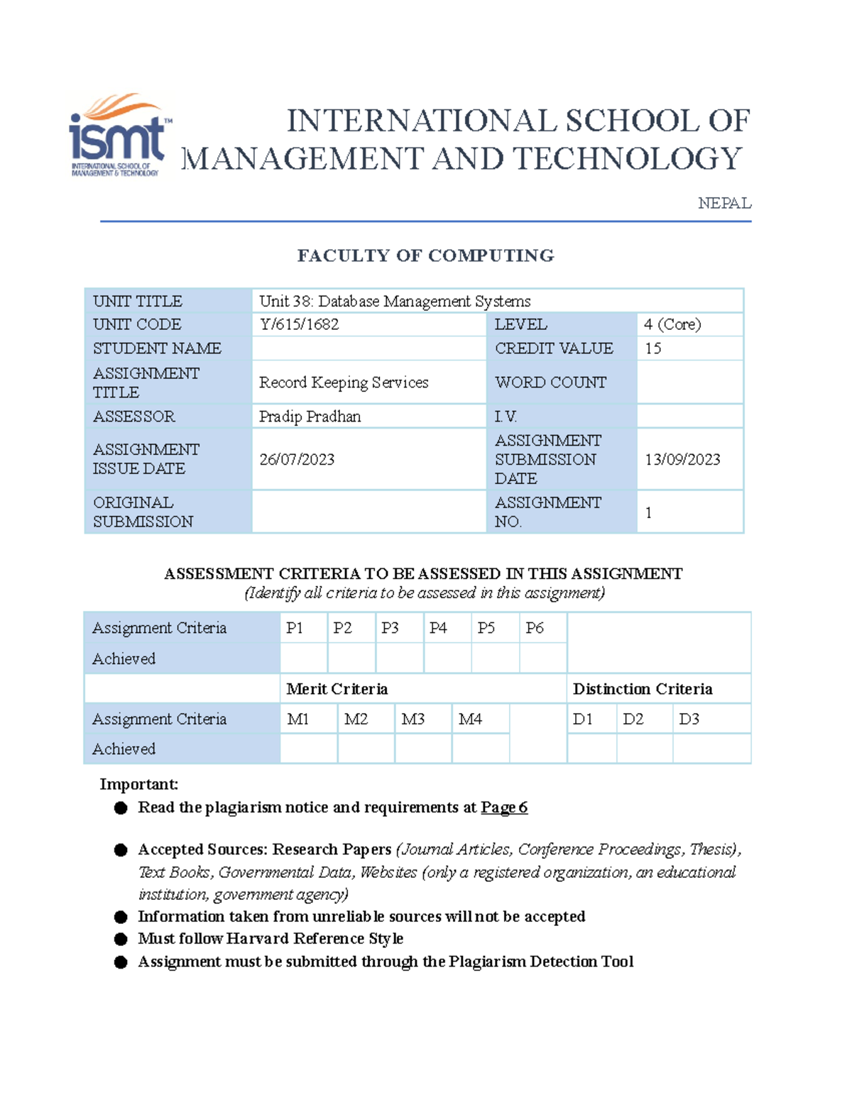 Unit 38 Database Management System Assignment 2023 - INTERNATIONAL ...