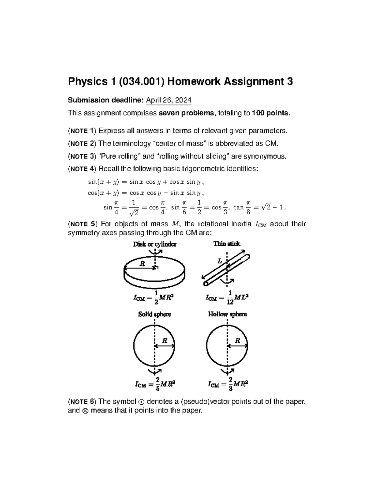 HW3 final - Physics 1 (034) Homework Assignment 3 Submission deadline: April 26, 2024 This - Studocu