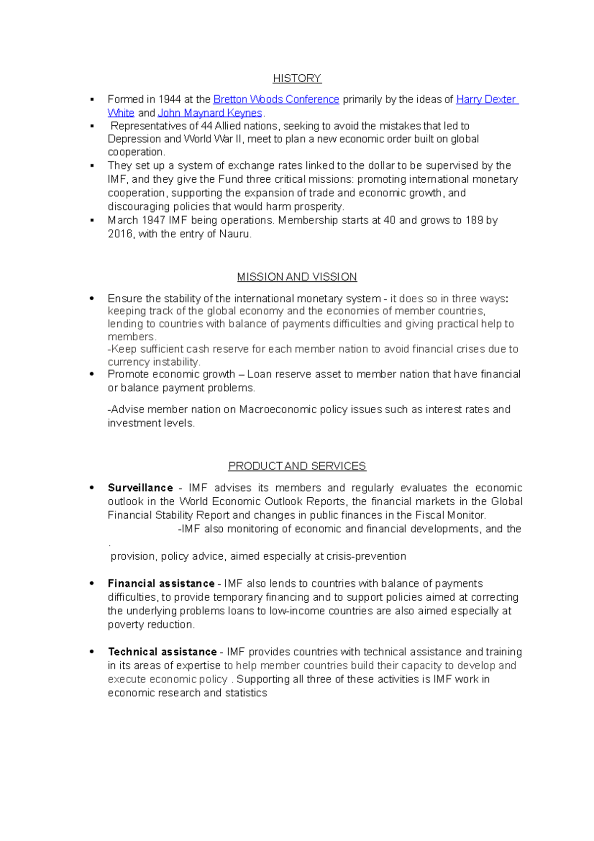 Imf present - HISTORY Formed in 1944 at the Bretton Woods Conference ...