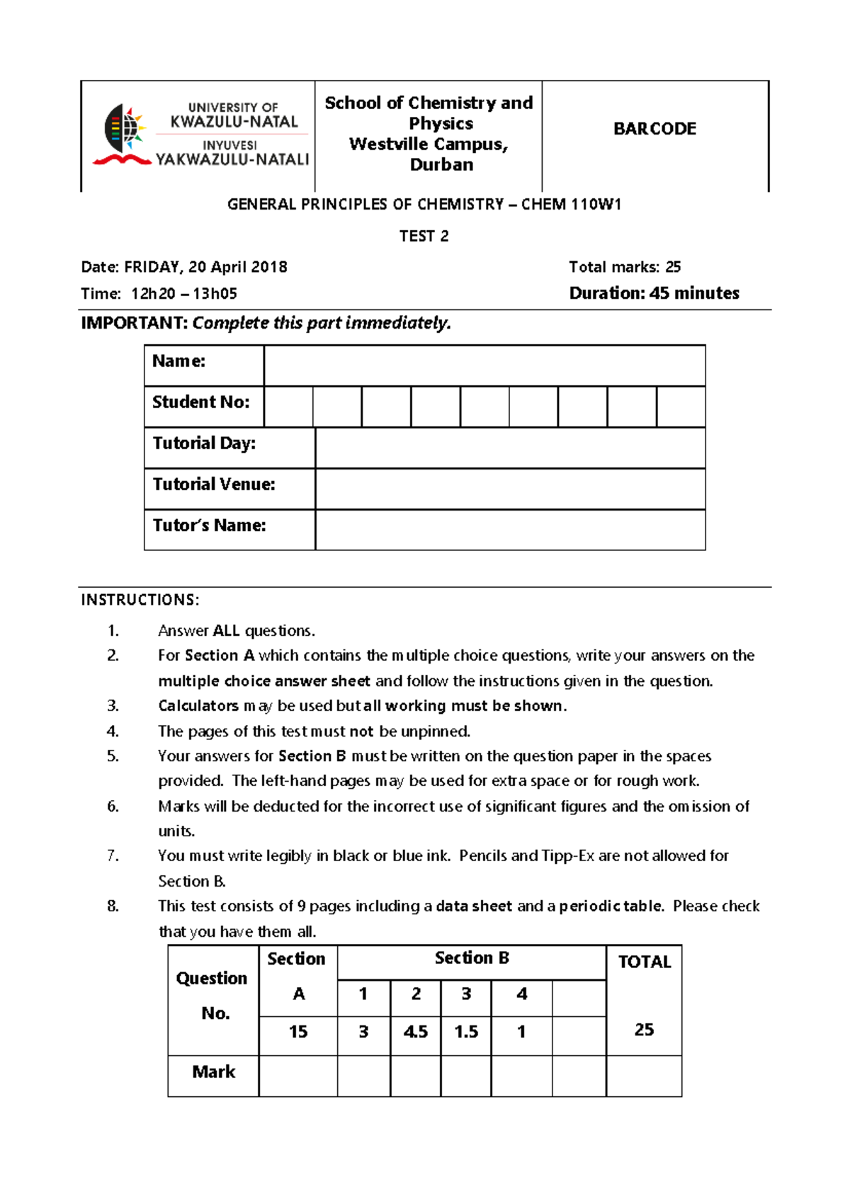 Test 2 Solution Friday School Of Chemistry And Physics Westville Campus Durban Barcode