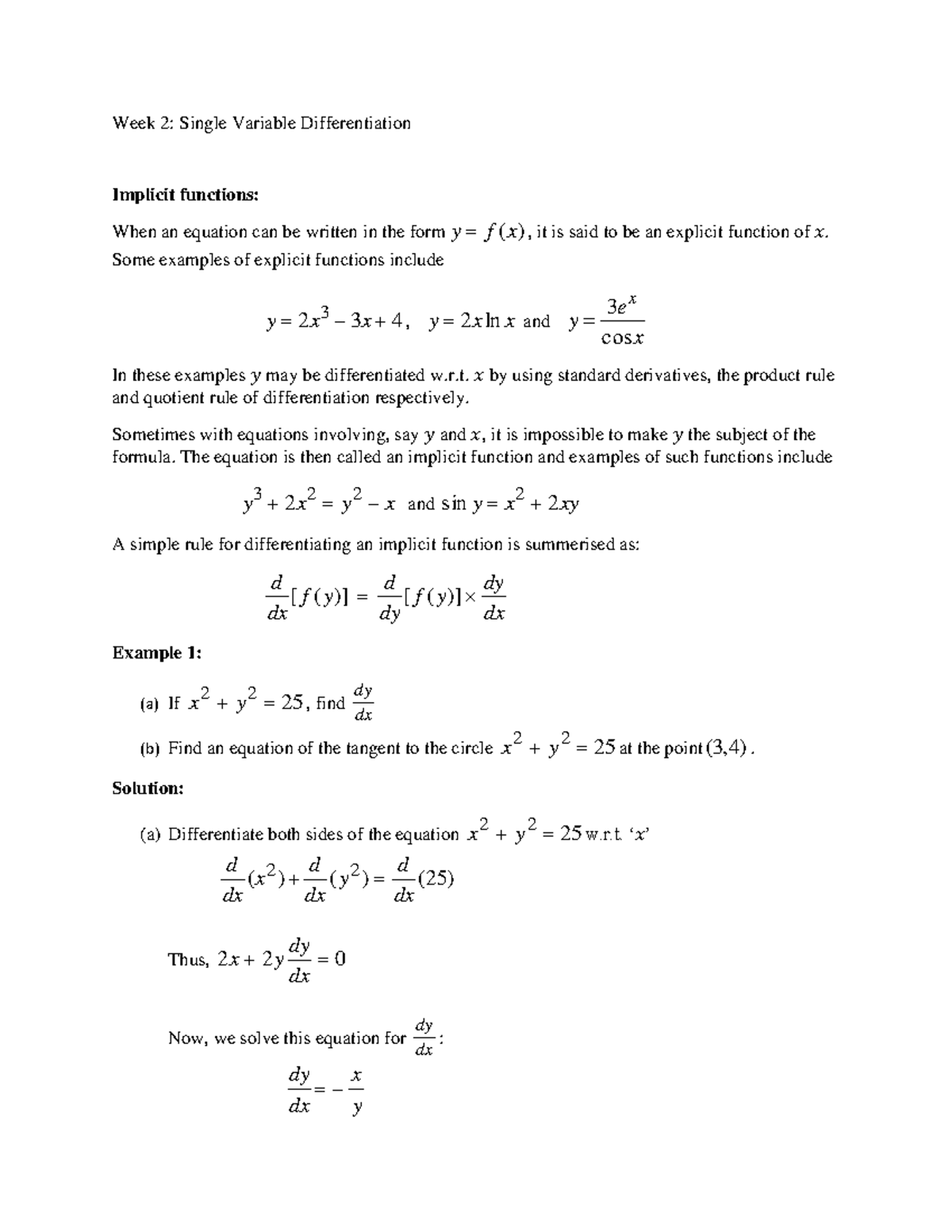 Week 2 - NOTES - Week 2: Single Variable Differentiation Implicit ...