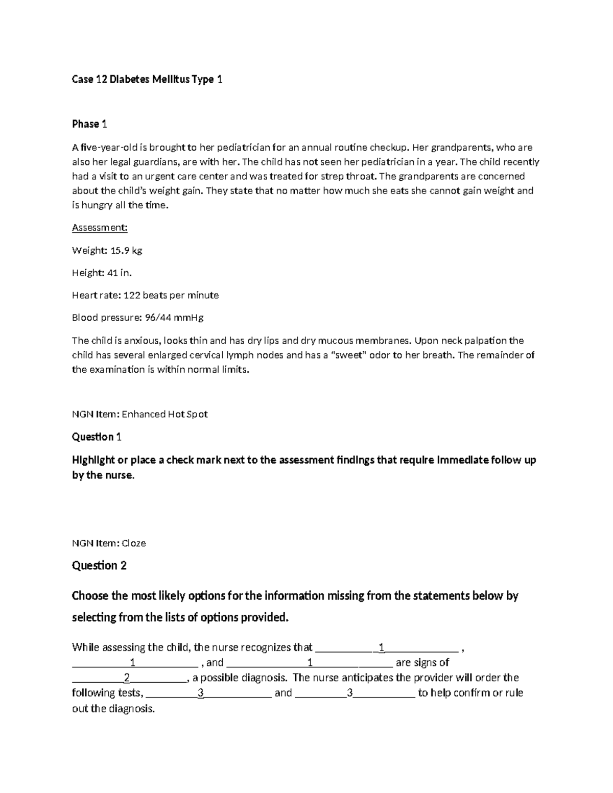 Case12 Diabetes UN - Case study assignments for med surg and Peds ...