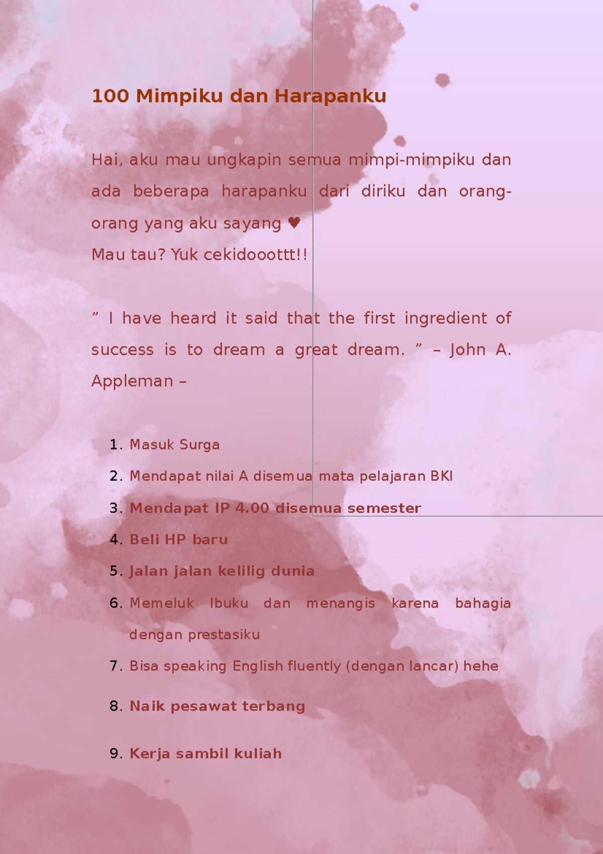 100 mimpi Nadia Cahya K - NOTE - 100 Mimpiku dan Harapanku Hai, aku mau ungkapin semua mimpi ...