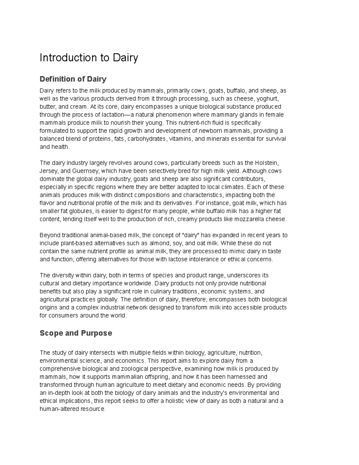 Report on Dairy - ..... - Introduction to Dairy Definition of Dairy ...