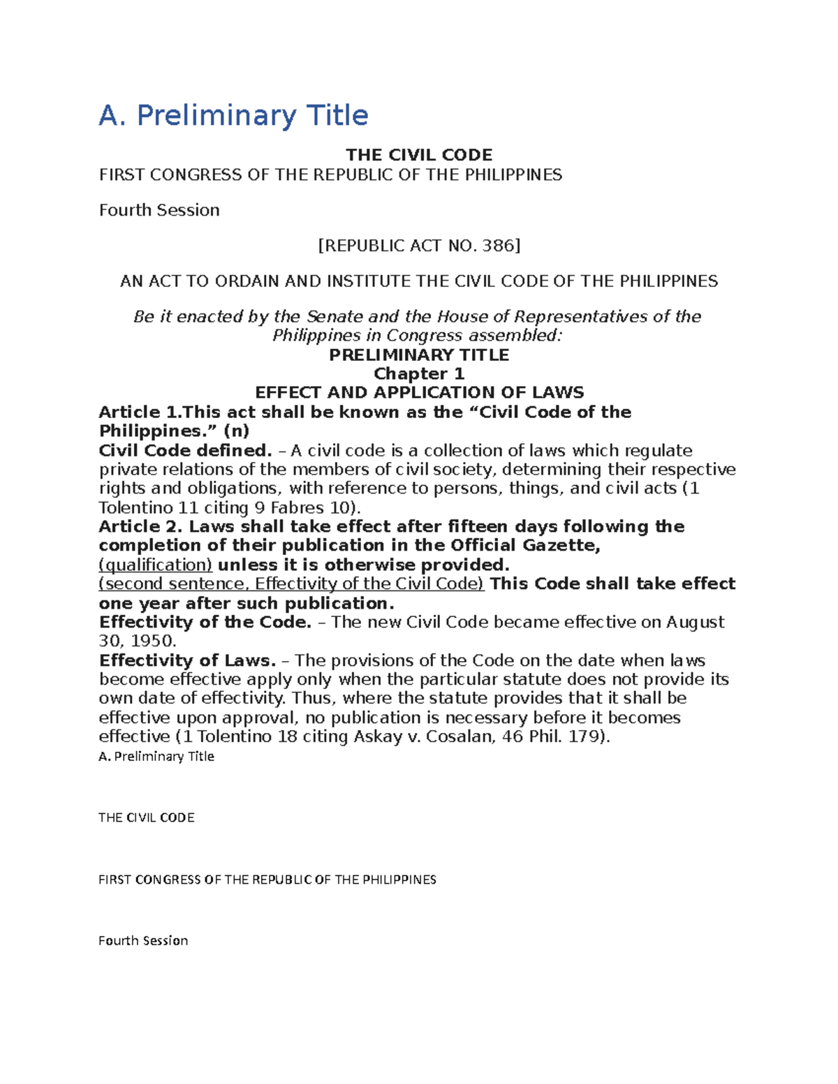 Phil Civil Code Prelim - A. Preliminary Title THE CIVIL CODE FIRST ...