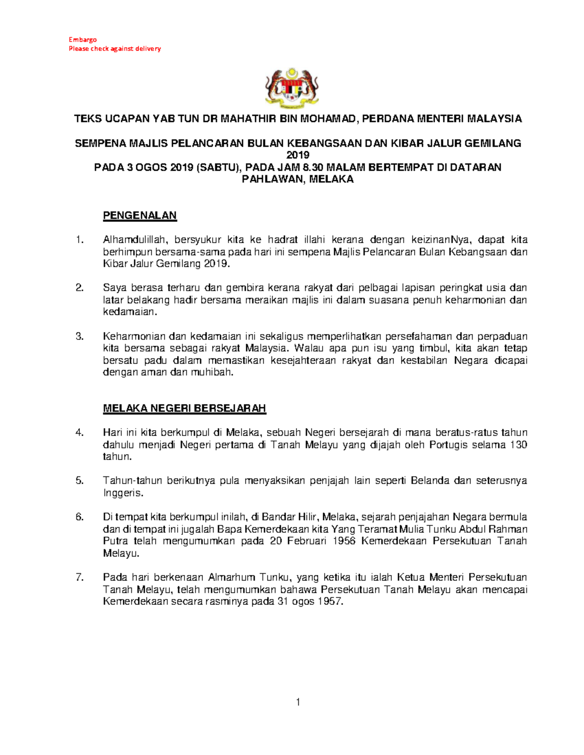 Salinan Media Teks Ucapan Untuk Majlis Pelancaran Bulan Kebangsaan dan ...