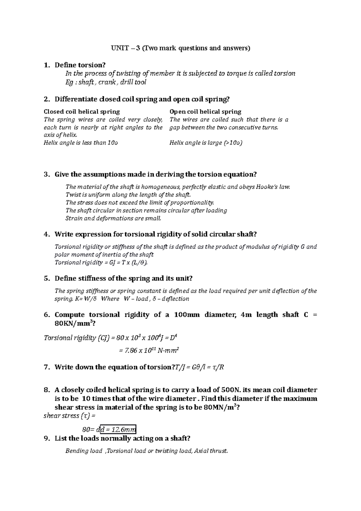 UNIT 3 & 4 Part A questions - UNIT – 3 (Two mark questions and answers ...