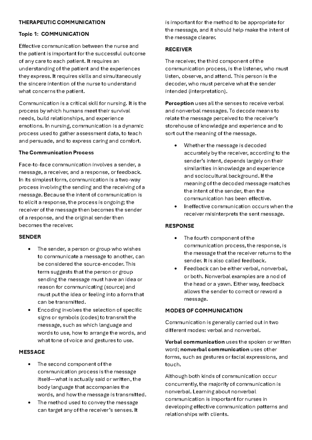 Theracom reviewer - THERAPEUTIC COMMUNICATION Topic 1: COMMUNICATION ...