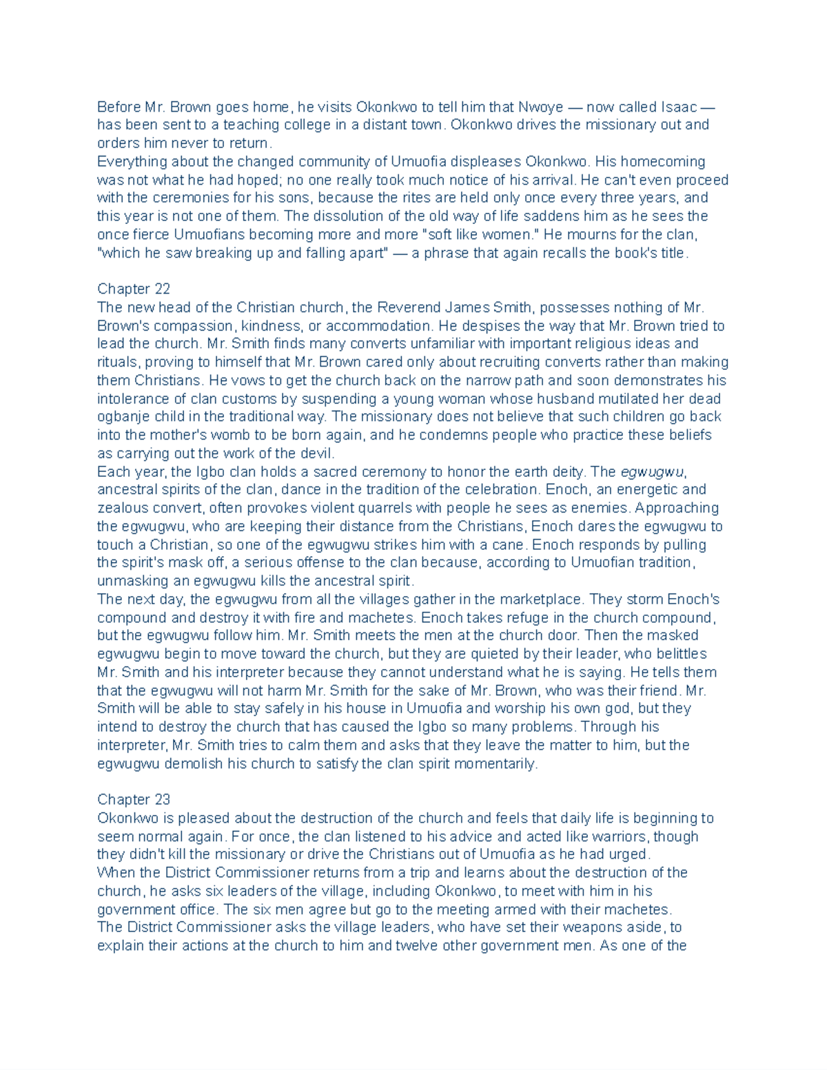 Things Fall Apart ch 22-23 - Before Mr. Brown goes home, he visits ...