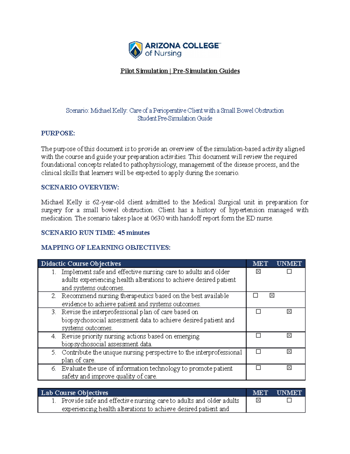 Sim Class pre work - pre sim for med surg - Pilot Simulation | Pre ...